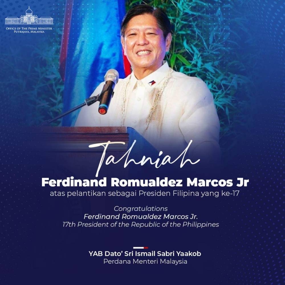 PM Ismail Sabri congratulates newly sworn-in Philippine President ...
