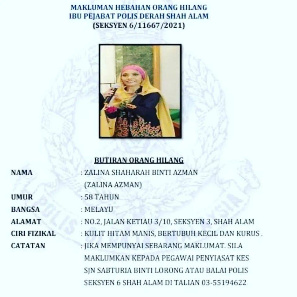 Police: Former TV newsreader Zalina Azman reported missing since last ...