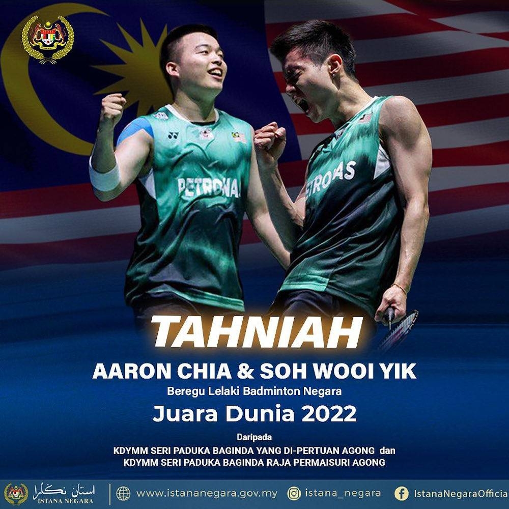 Agong, Raja Permaisuri congratulate new world badminton champions Aaron Chia-Soh Wooi Yik ...